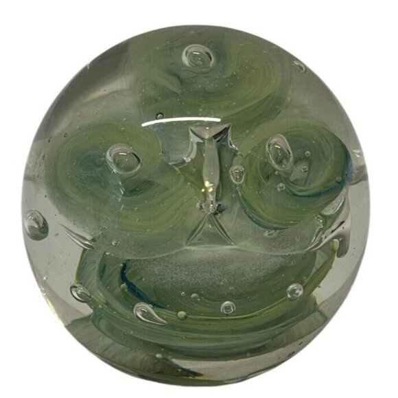 Accents | Round Green Glass Paperweight Vintage Controlled Bubble ...